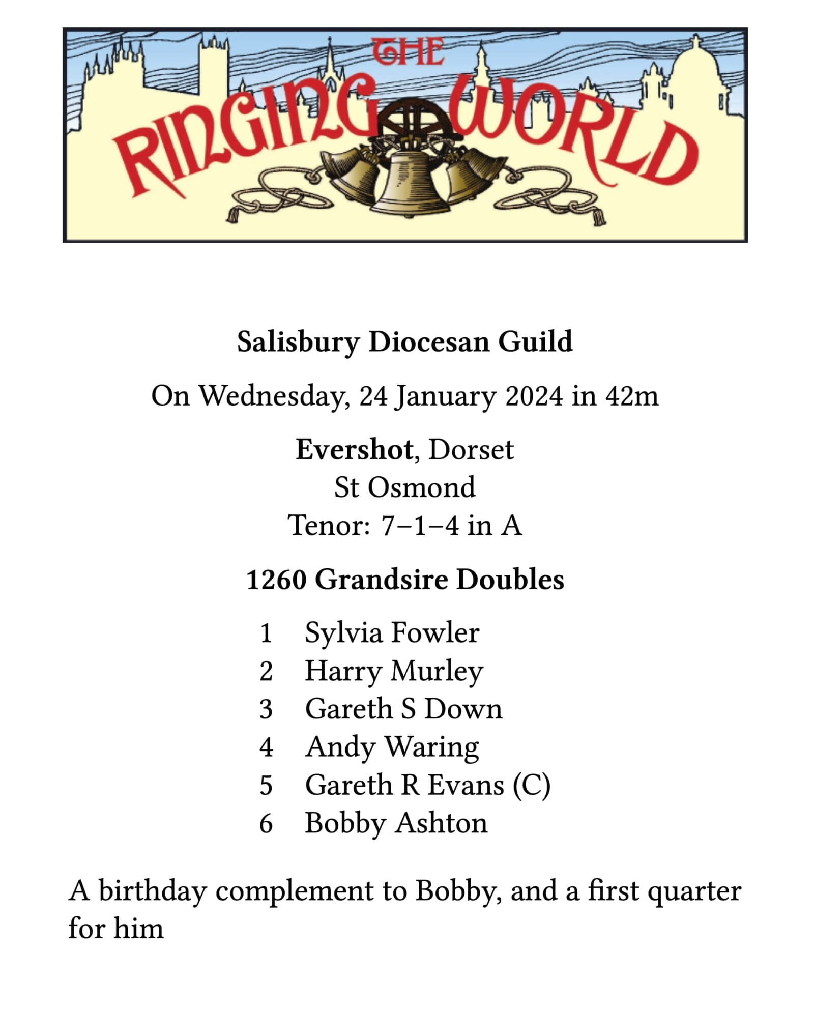 First Quarter Peal – Salisbury Diocesan Guild of Ringers